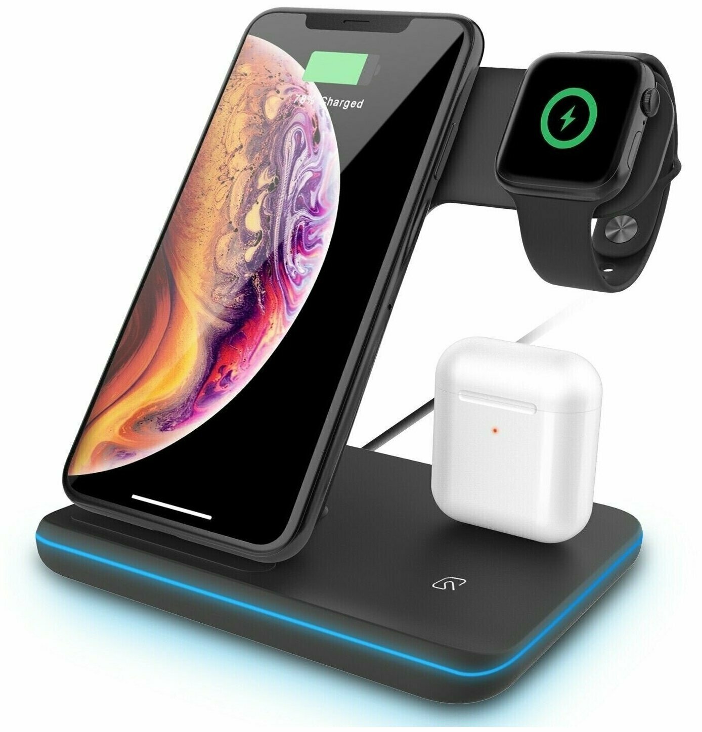 Беспроводное зарядное устройство 3 в 1 / зарядная док-станция для Apple iPhone, iWatch, AirPods, 15Вт, с поддержкой QI и быстрой зарядкой, черный