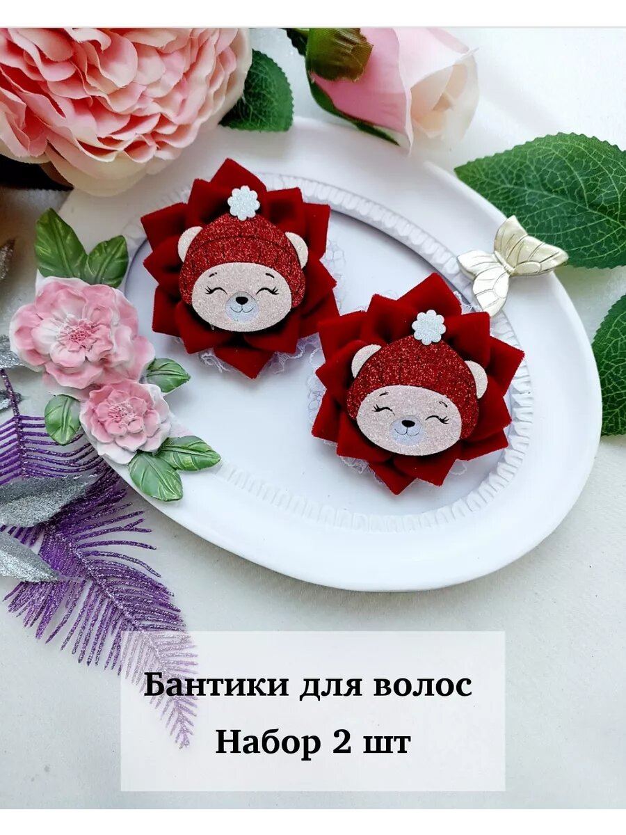 Бантики для волос Арт и Дизайн, бархат, красный/белый, с фигурками — фото 1