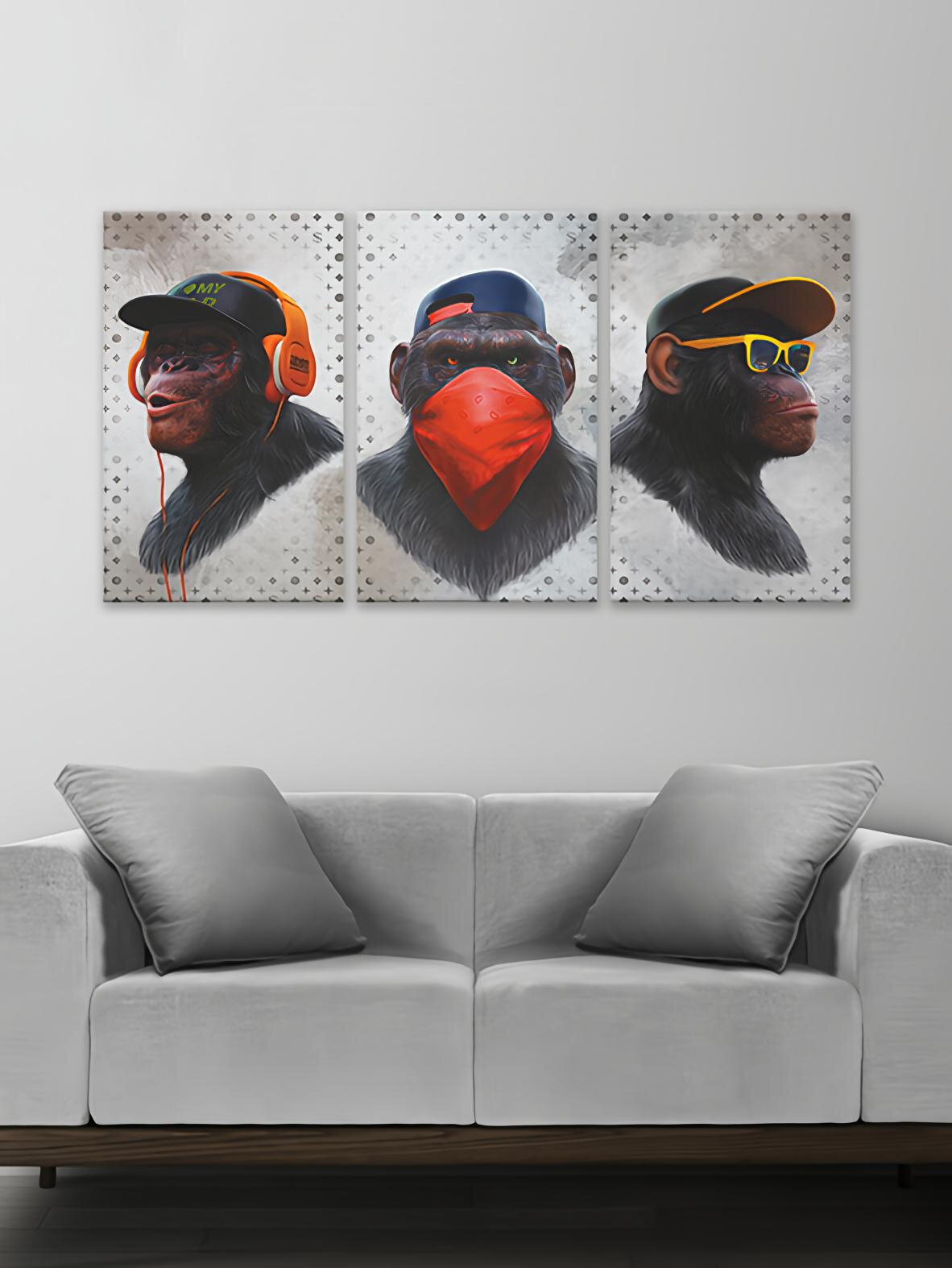 Модульная картина для интерьера Три обезьяны SWAG, серый фон, 50х90 см