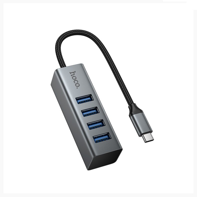 HUB адаптер Hoco HB1C 4 in1, Type-C to USB3.0*4, металлический корпус, 20 см кабель, Серый