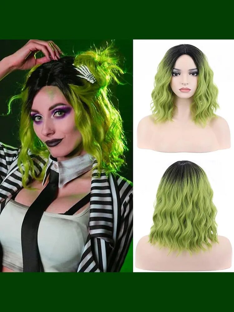 Зеленый парик для косплея, короткие волнистые кудрявые волосы, зеленый парик для Хэллоуина