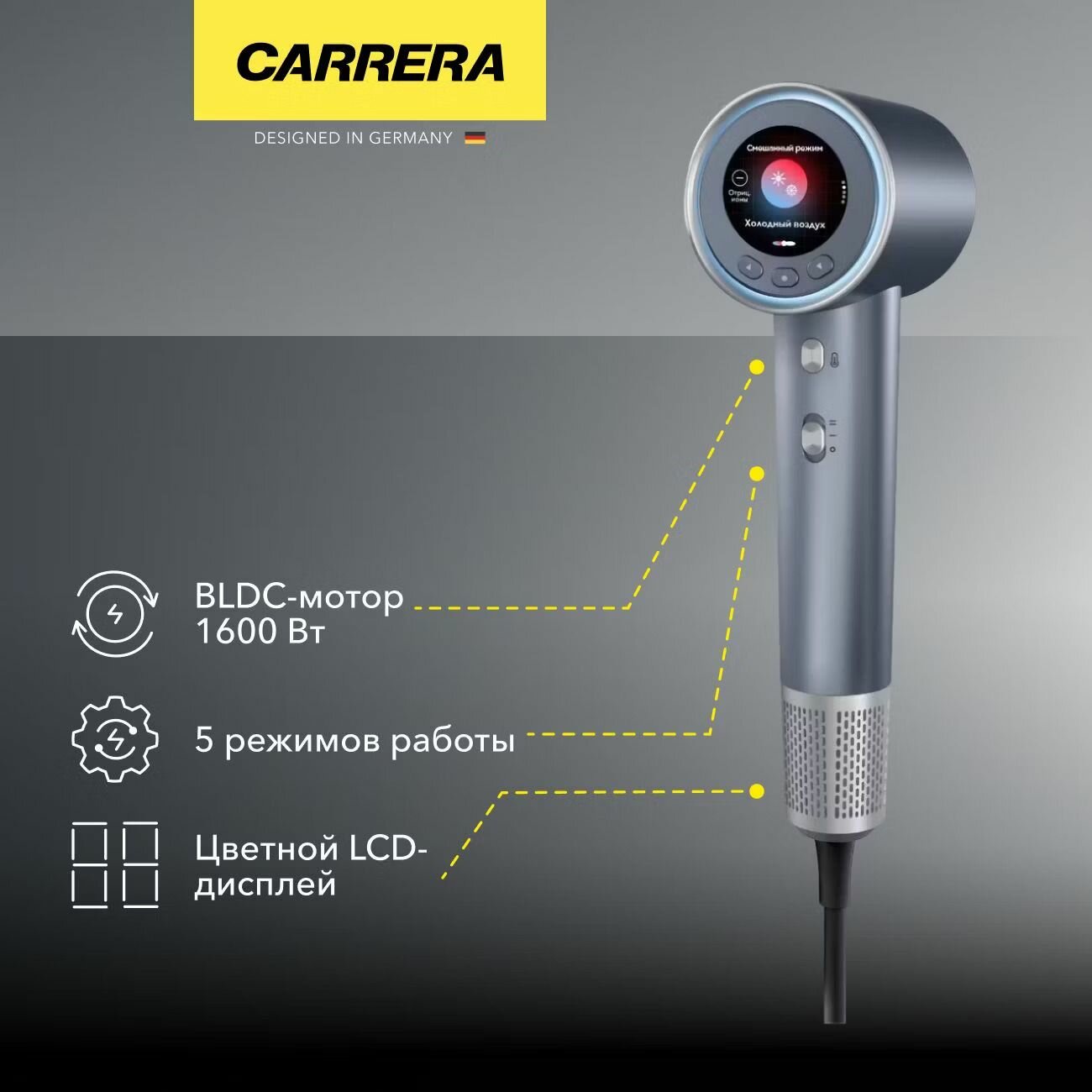 Фен Carrera №671, BLDC мотор, 1600W, 110 000 об/мин, ионизация, LED-дисплей, детский режим