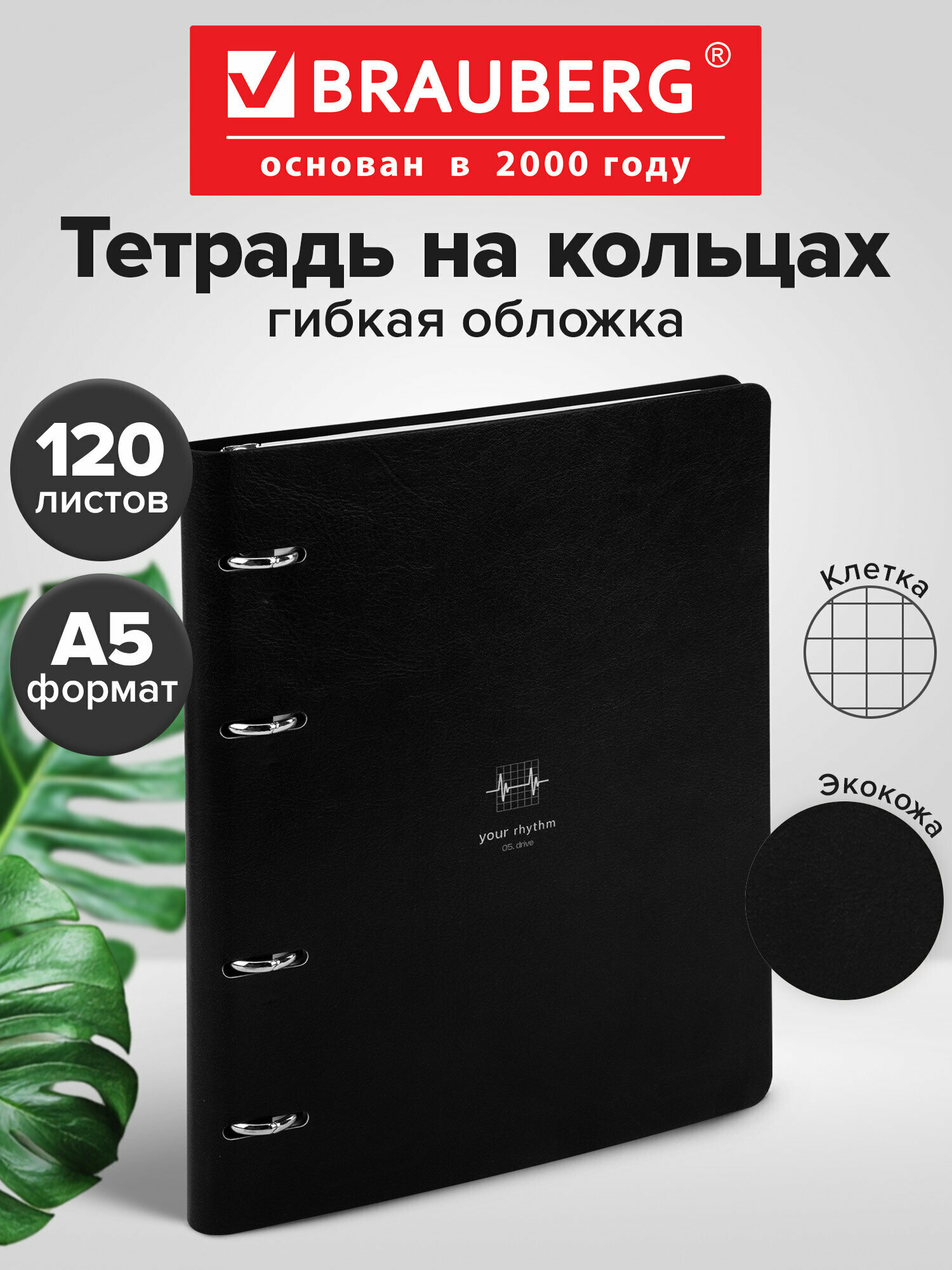 Тетрадь на кольцах А5 в клетку со сменным блоком 180х220 мм 120 листов, обложка под кожу, Rhythm, Brauberg Vista, 405213