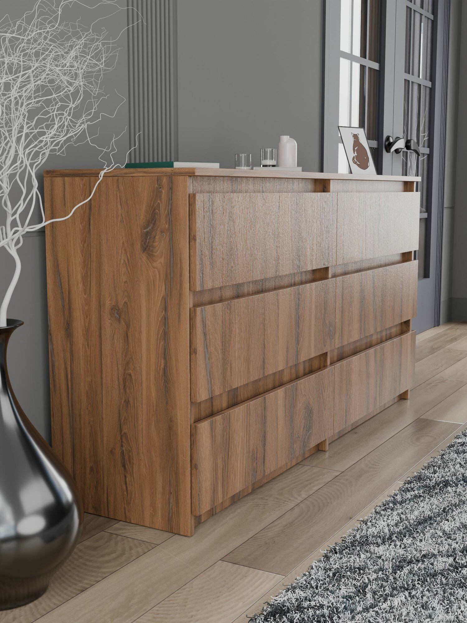 Комод для белья и одежды орлан 6 ящиков, 140х76.4х40 см, дуб крафт табачный