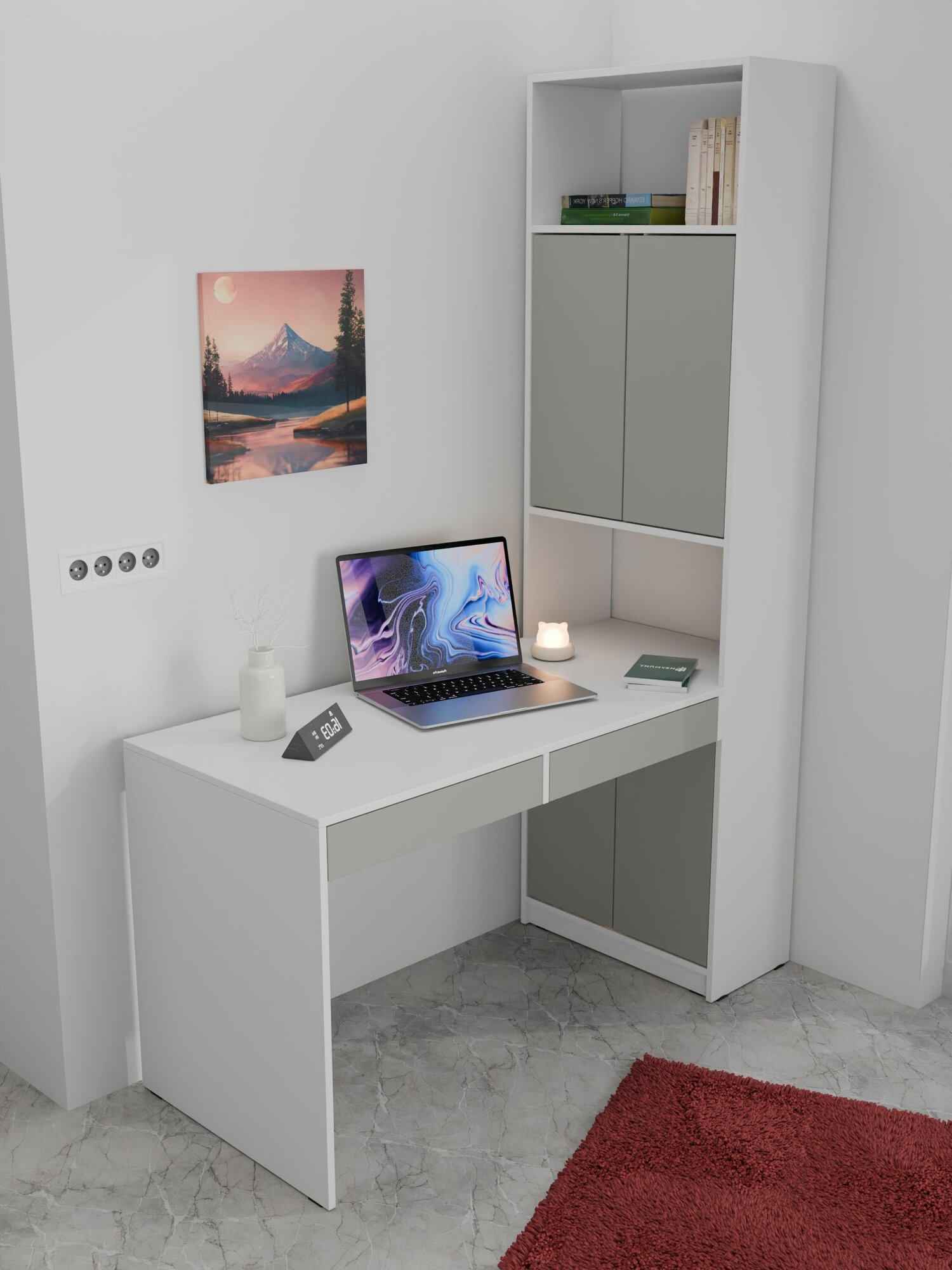 Изумлит Стол-стеллаж с дверьми письменный угловой, стеллаж справа 200х140х59.2 см, белый-шиншилла серая