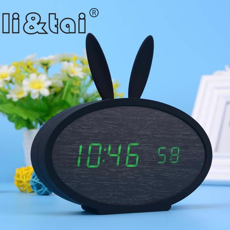 Деревянные часы, светодиодный будильник, бесшумный вечный календарь с голосовым управлением, термометр, милые электронные часы из силикона в виде кролика.