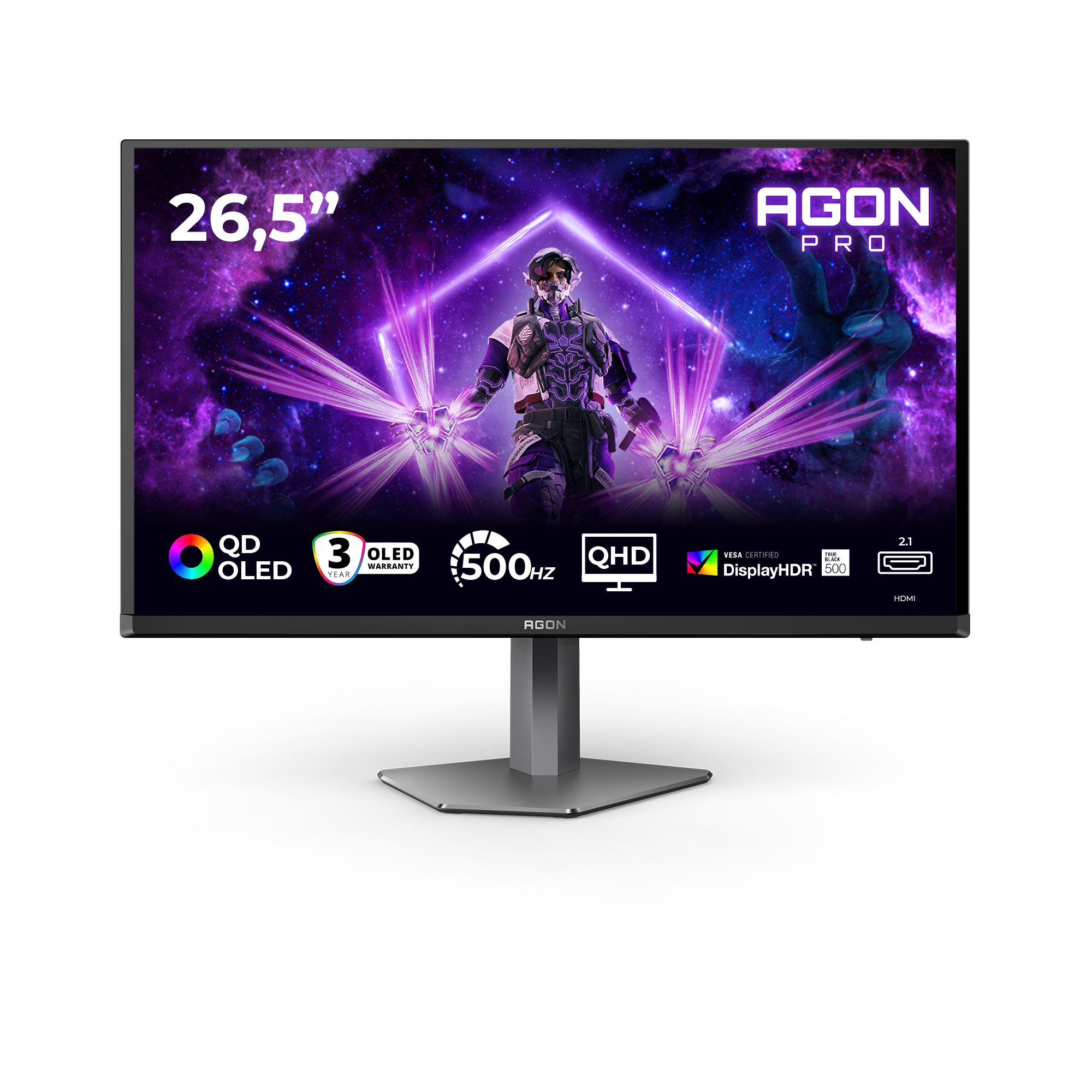 Монитор 26.5 AOC AGON AG276QKD2 QD-OLED 2560x1440, 500 Гц, 0.03 мс, 16:9, 1000 кд/м² (пиковая), DisplayHDR True Black 500, 2×HDMI 2.1, DP 2.1, USB Hub (2×USB-A 3.2 Gen1), 3.5 Jack, динамики (2×5 Вт), Adaptive-Sync, антибликовое покрытие, черно-серый