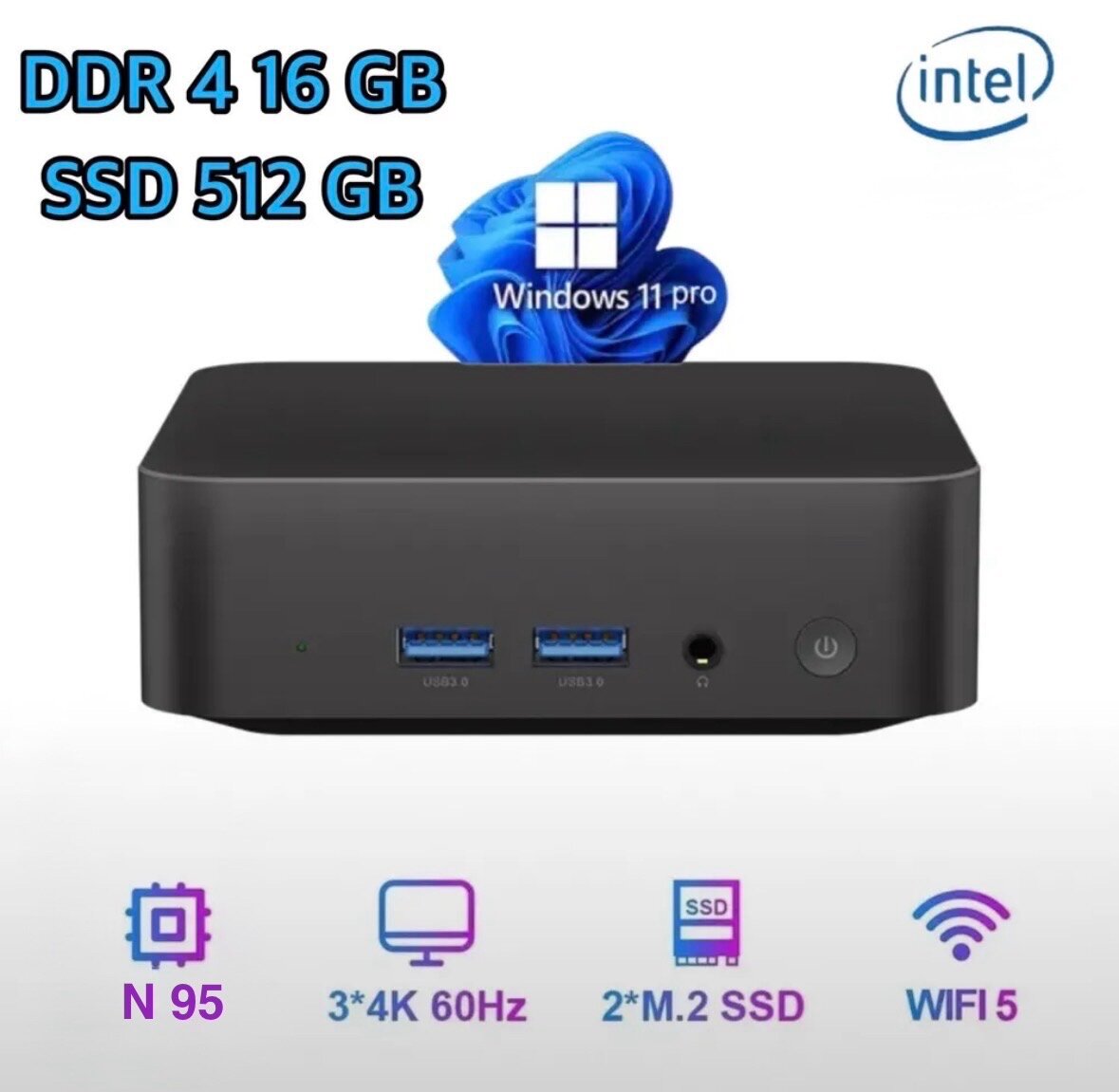 Мини-ПК Intel N95, 16ГБ ОЗУ, Windows 11, SSD 512ГБ, 4 ядра, чёрный
