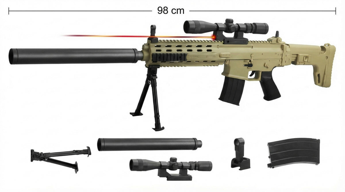 Игрушечный пневматический автомат с глушителем песчаный камуфляж 69х42х79