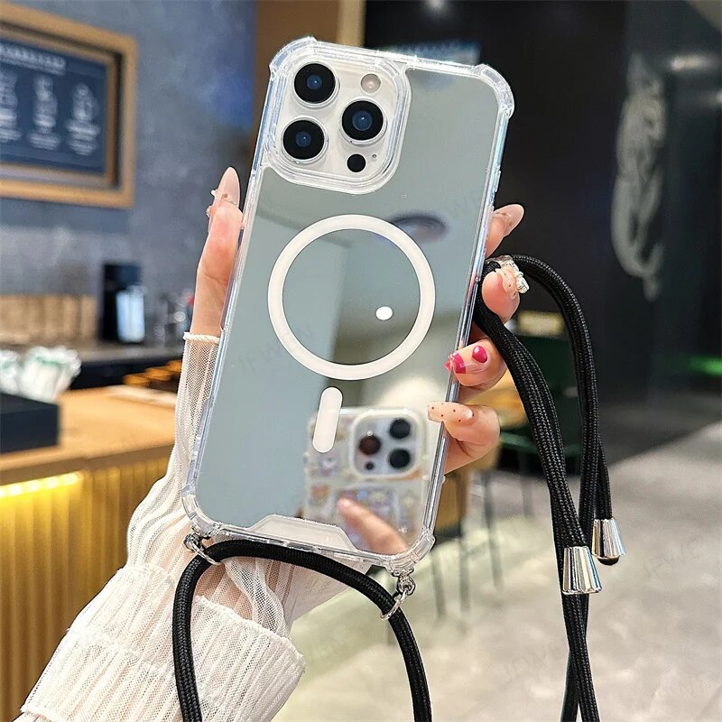 Магнитный чехол с зеркальным ремешком через плечо для iphone 17 Air iPhone17 Про Макс, Черный, Black