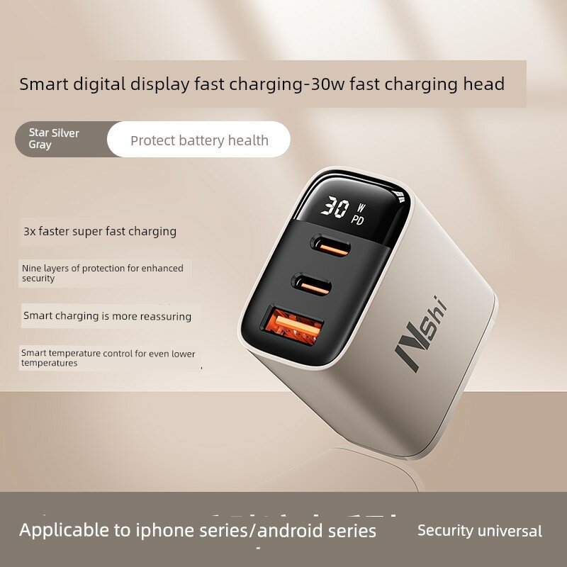 30W Трехпортовый Быстрый Зарядный Устройство с USB-C и USB-A, Совместимость с Apple и Huawei, Серый Цвет для Мобильных