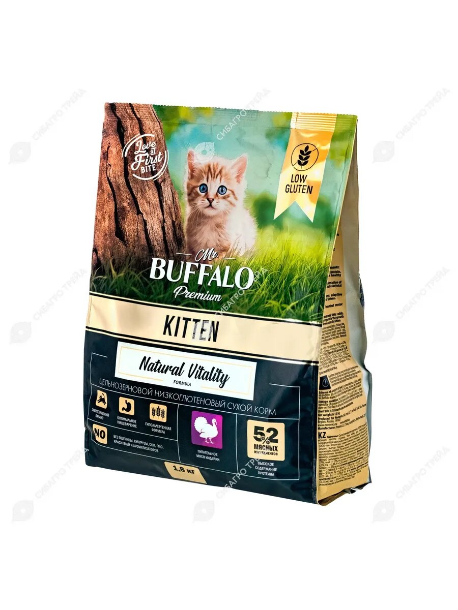 Корм Mr.Buffalo "KITTEN", для котят, дегидрированное мясо курицы 36%, 1,8 кг