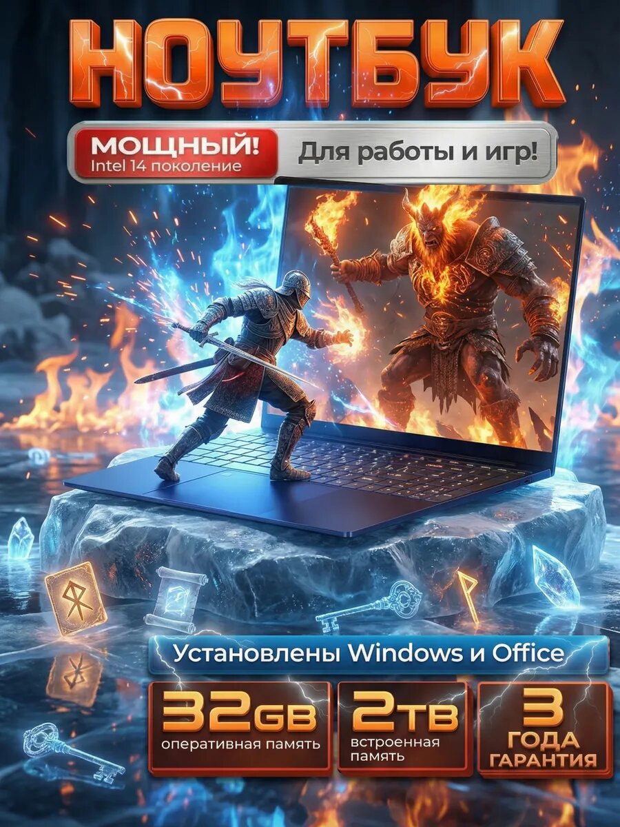 Ноутбук игровой 2026 N5095, RAM 32GB, SSD 2048GB, IPS + Windows, Office