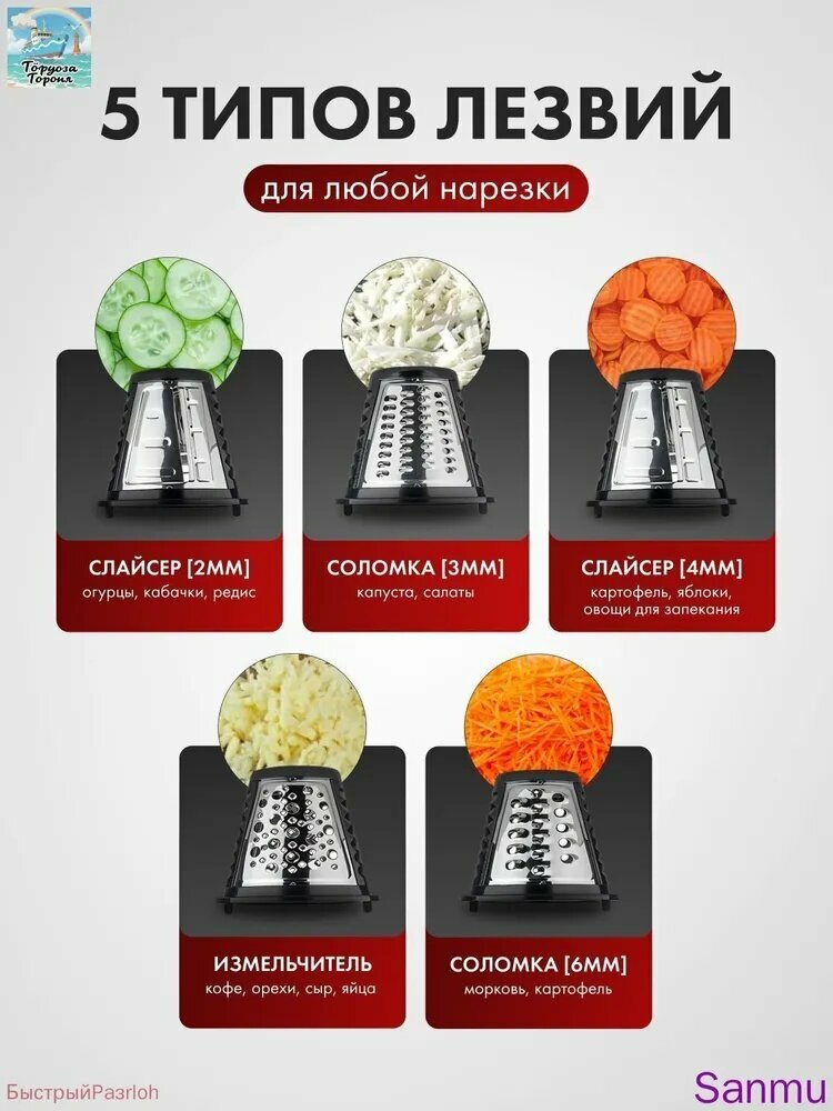 Измельчитель, электрическая овощерезка с набором насадок для быстрой нарезки овощей и фруктов на кухне — фото 1