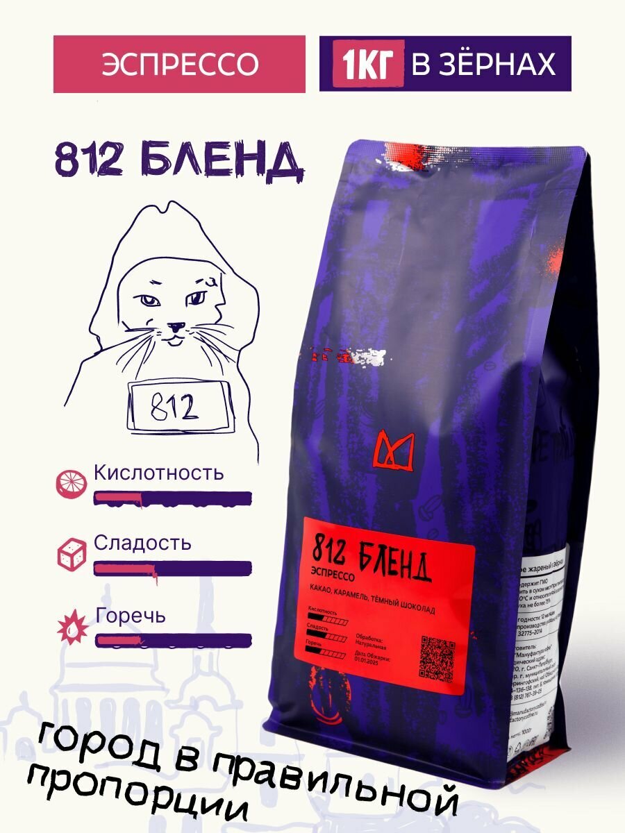 Кофе в зернах "812" Мануфактура Кофе, арабика и робуста, для эспрессо, 1 кг
