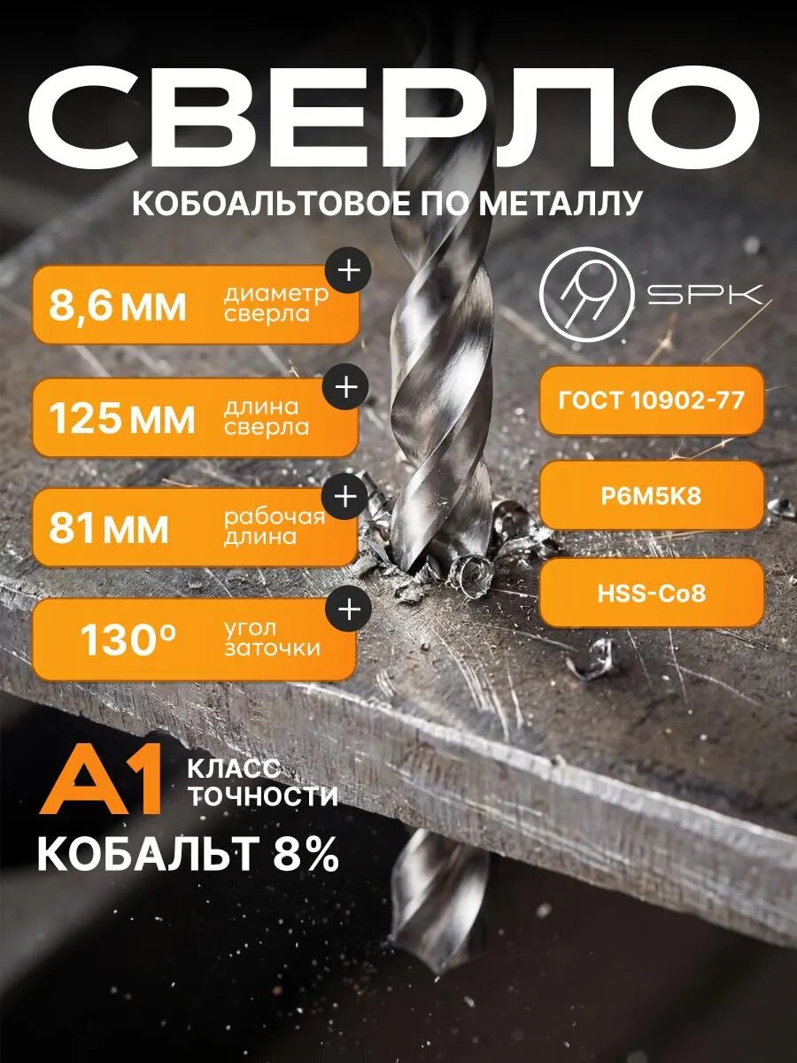 Сверло по металлу SPK, кобальтовое, твердосплавное, цилиндрический хвостовик, 8,6 мм
