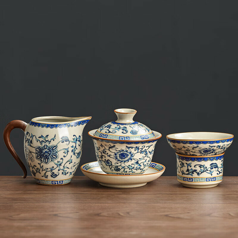 Набор чайных чашек Buzhuo Ru Kiln Sancai с фильтром и защитой от ожогов Цвет：1-Гармоничный цветочный набор из 3