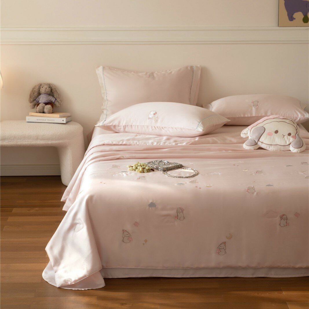 Вышитая подушка для лета Late Night Rabbit однокомнатный летний одеял, розовый, 200x230 см, дышащая хлопковая ткань,