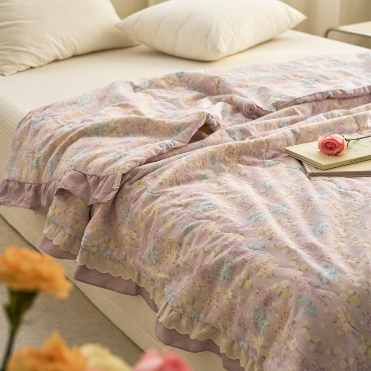 Сиреневый квилт с цветами, 150x200 см, 1.3 кг, двойной слой шифона, хлопок