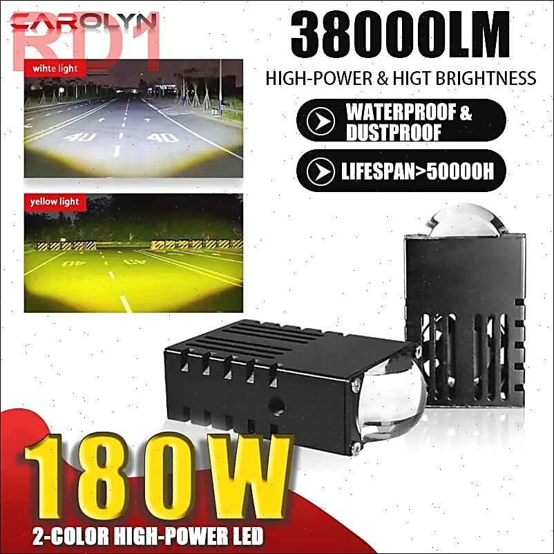 Лампа светодиодная carolyn RD1 180W 38000LM 2 шт. для авто и мото, белый/желтый, IP65, ближний свет