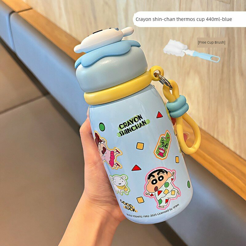 Красочный кружка Crayon Shin-chan 440 мл с термосом для детей — синяя, в комплекте чистящая щетка, стильный дизайн для