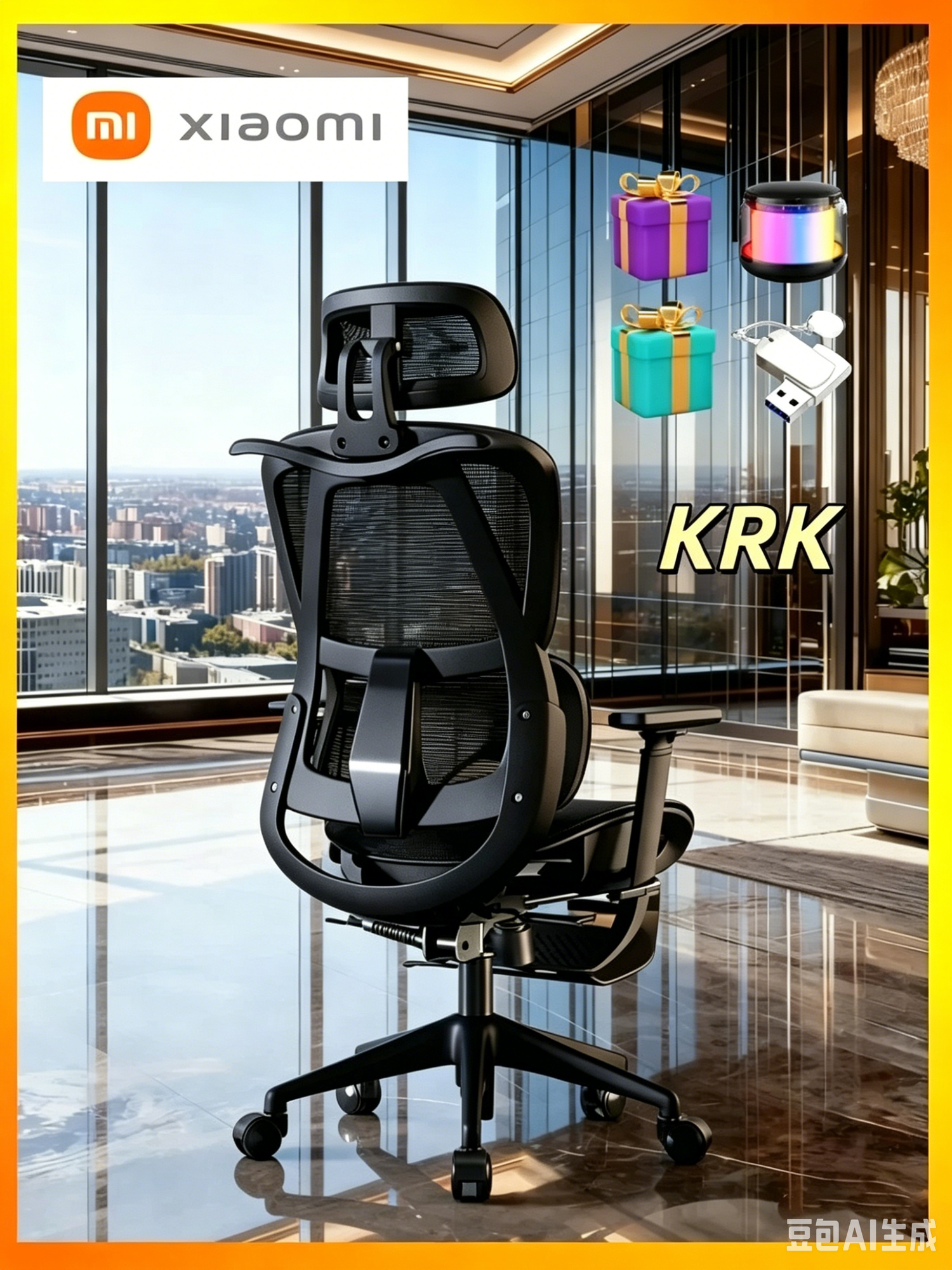 Офисное кресло Xiaomi KRK, эргономичное, сетчатое, с подголовником и подставкой для ног