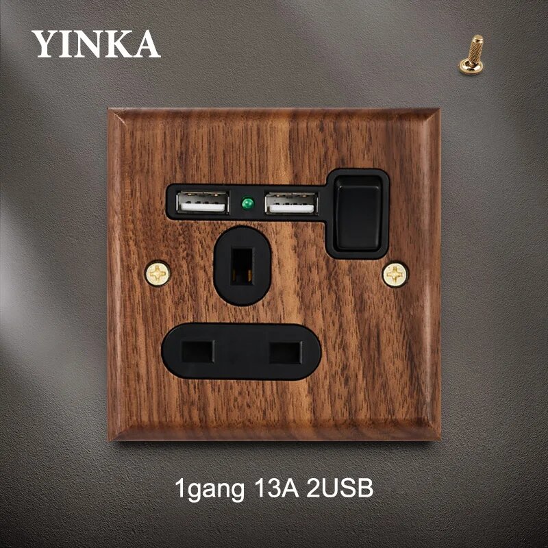 YINKA Розетка с USB 13A, 1 Gang, коричневая