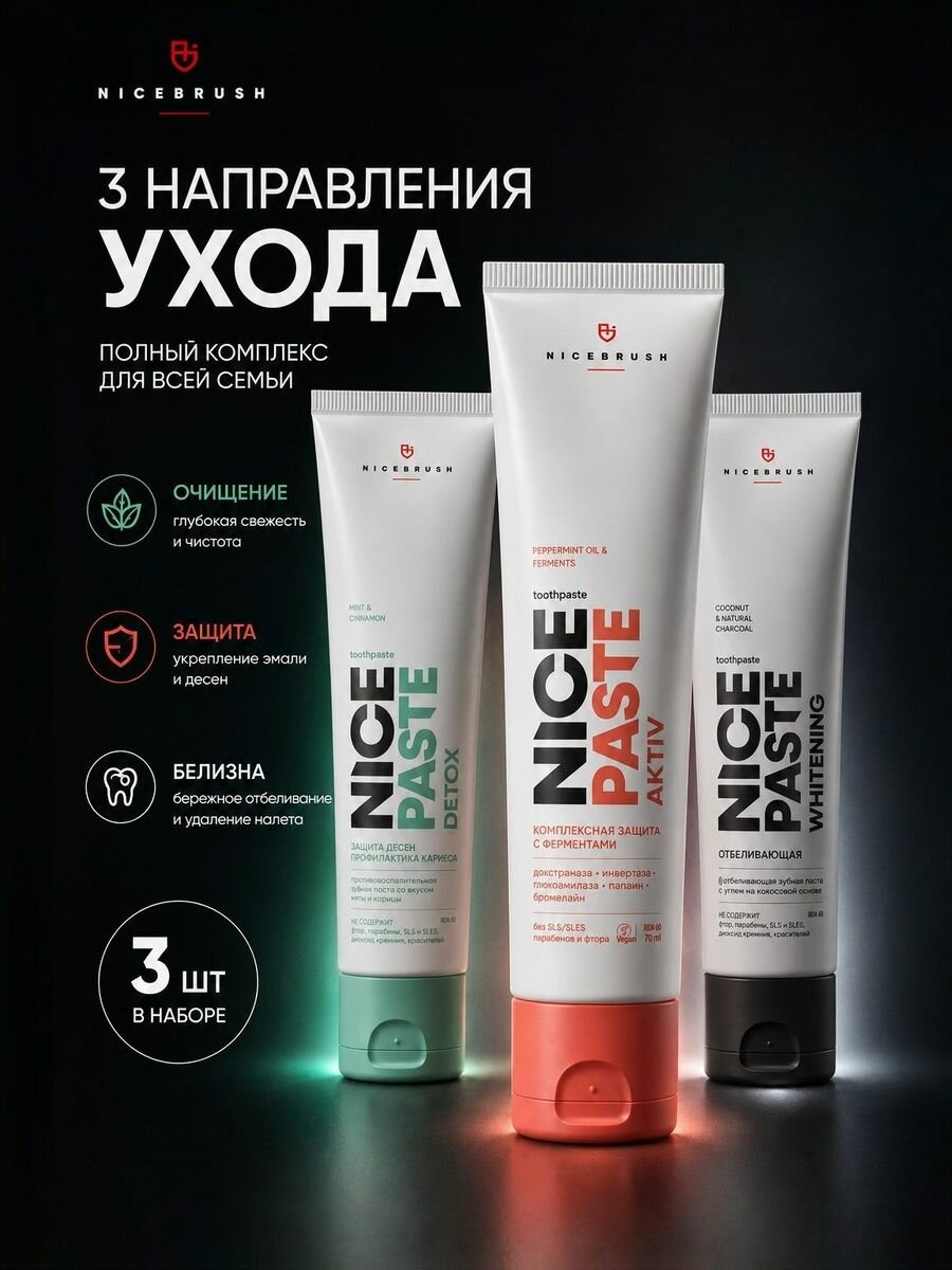 Набор 3 шт зубная паста NICEPASTE AKTIV + DETOX + WHITENING