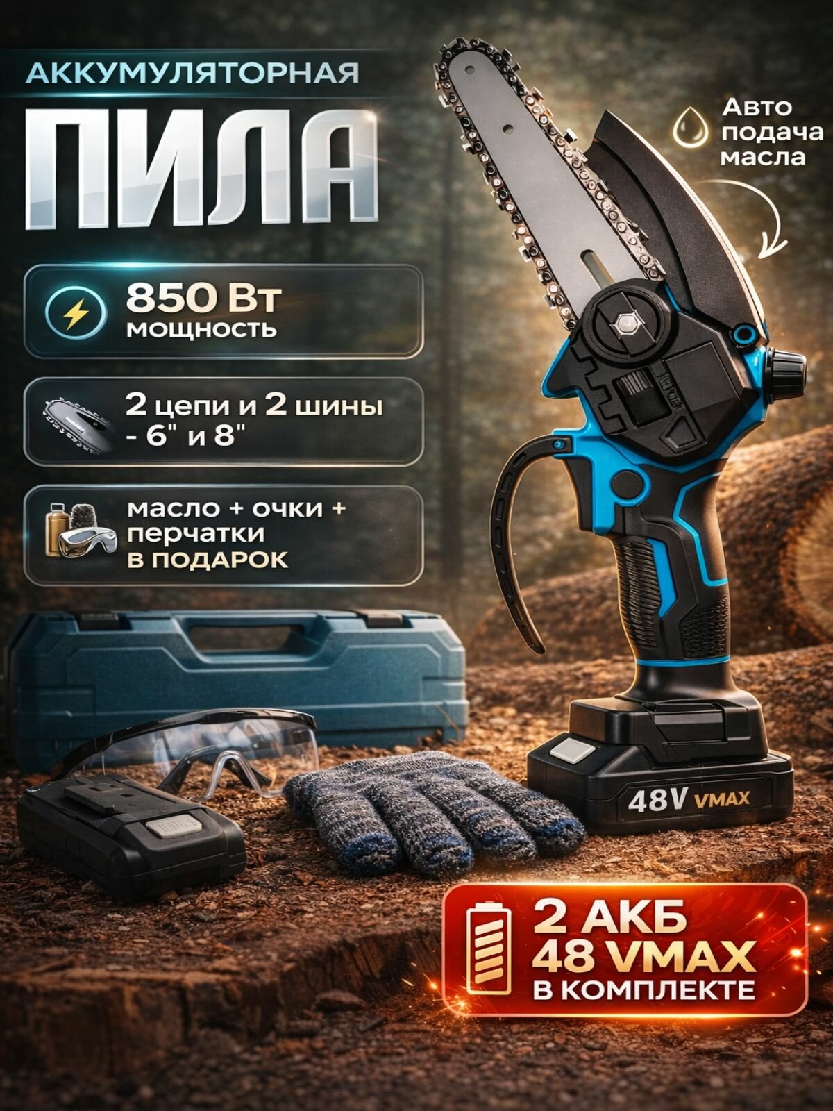 Пила аккумуляторная цепная 6 + 8 дюймов, 6 цепи, 2 батареи/ Мини пила садовая 2 АКБ/ Мини сучкорез