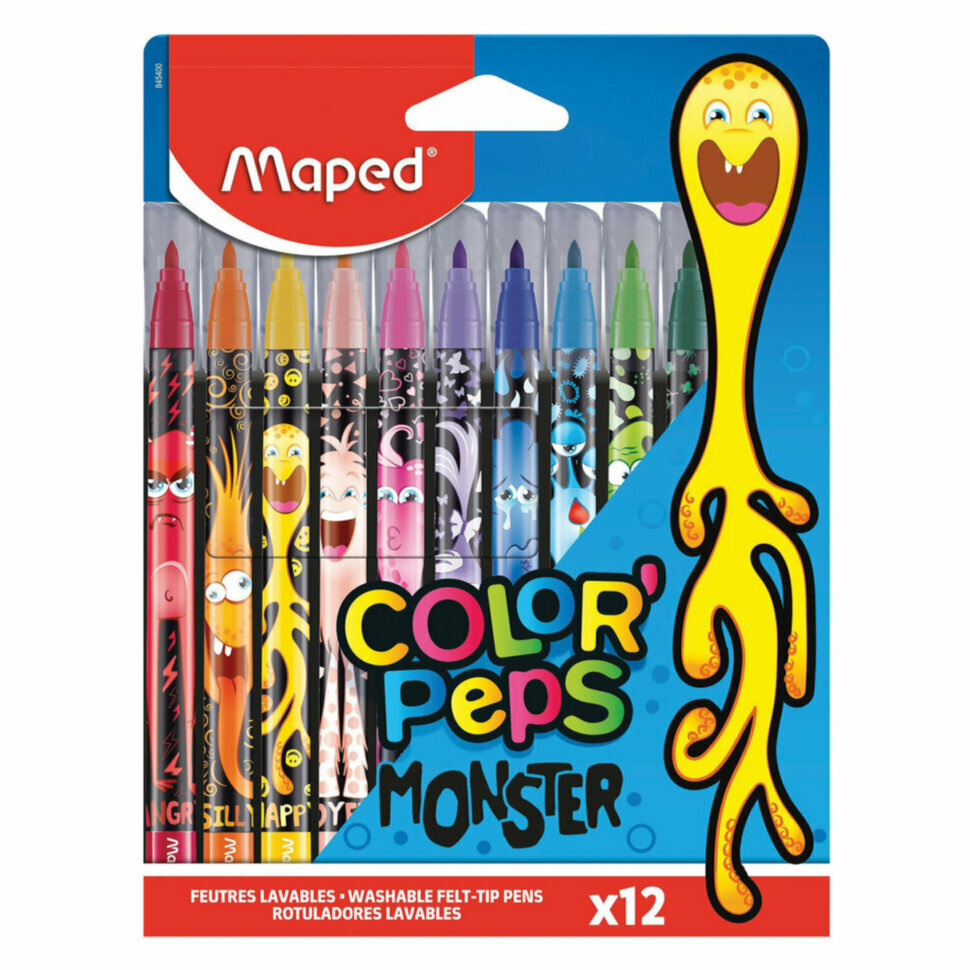 Фломастеры MAPED "COLOR PEP'S Monster", 12 цветов, смываемые, вентилируемый колпачок, 845400, 152504