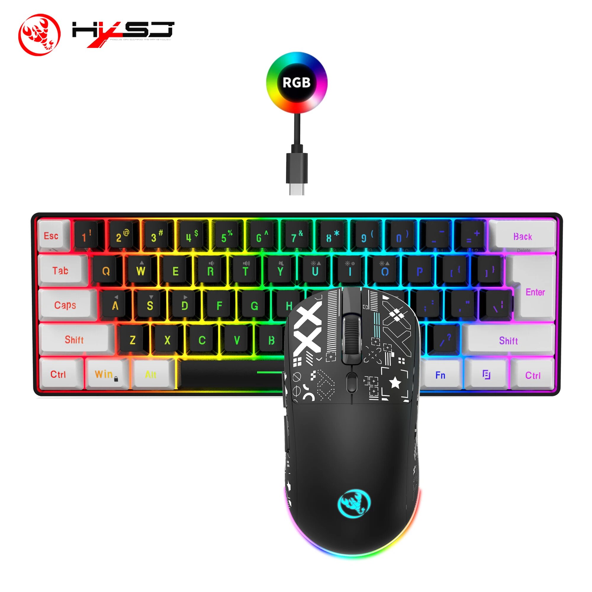 Игровой комплект HXSJ: Клавиатура 61 RGB, Мышь беспроводная V700WB(T90B)