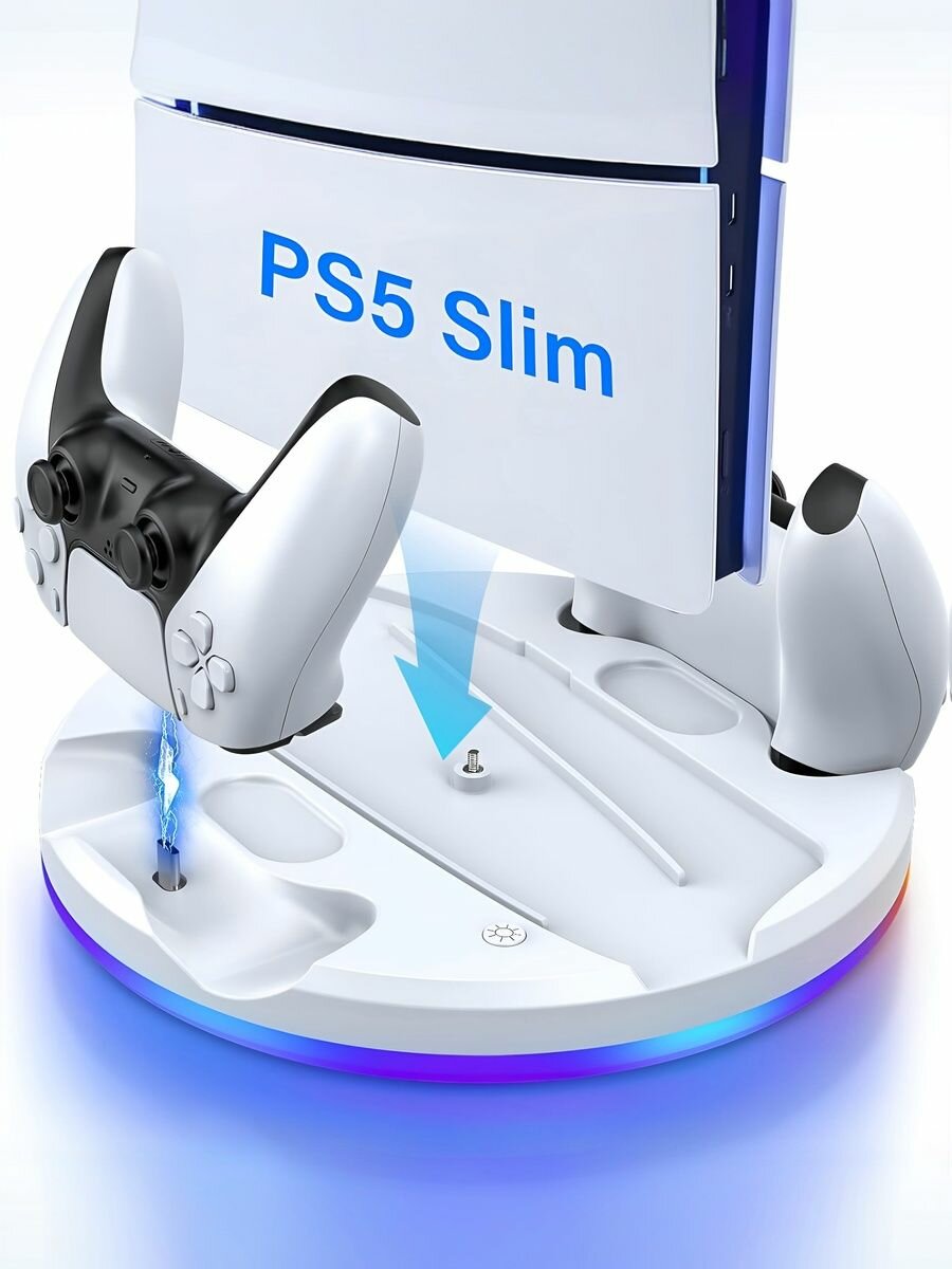 Подставка для PS5 Slim с зарядкой игровой приставки. Зарядная станция для геймпада ps5. Белая.