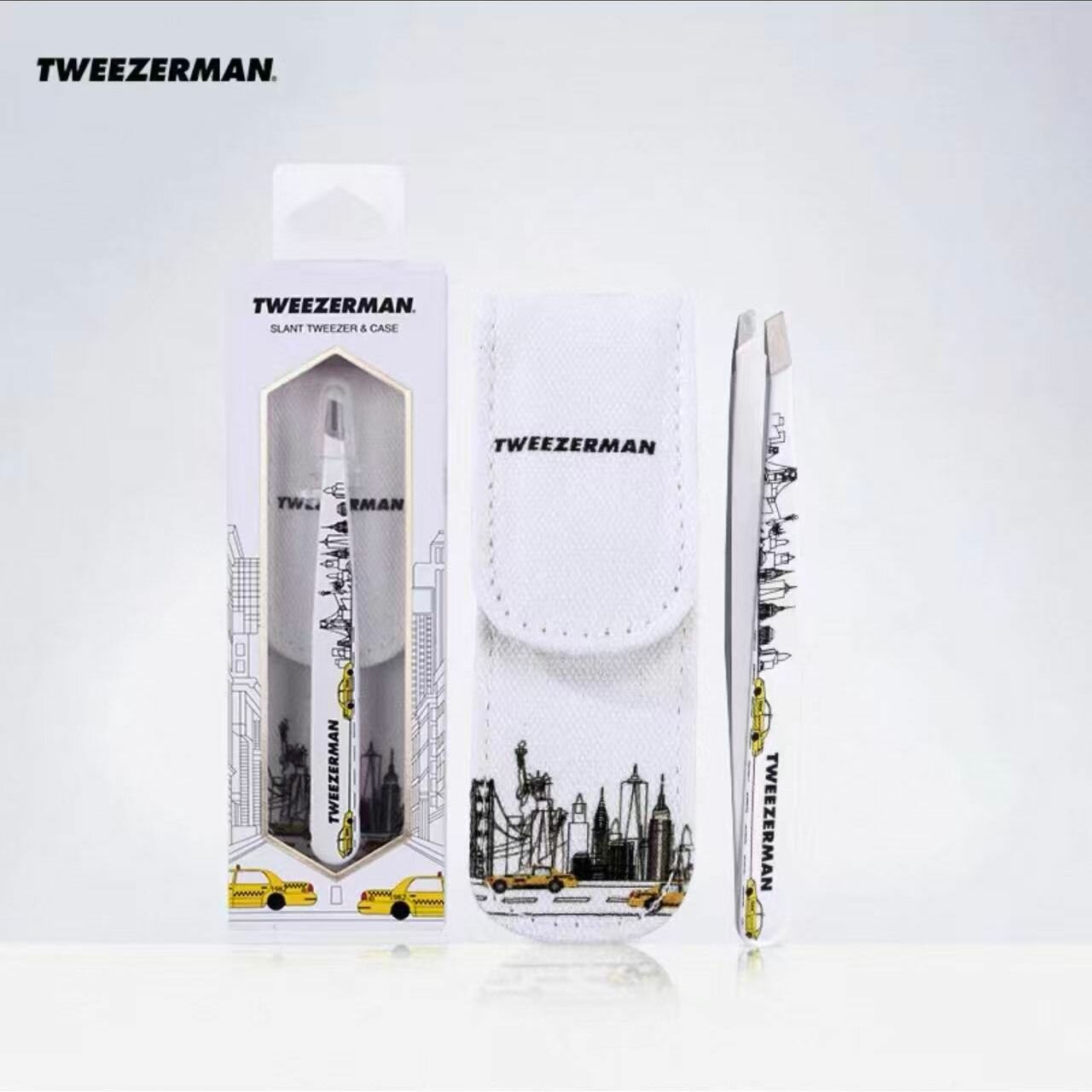 Пинцет для бровей Tweezerman slant, наклонное лезвие, с чехлом, дизайн Нью-Йорка, желтые такси, набор