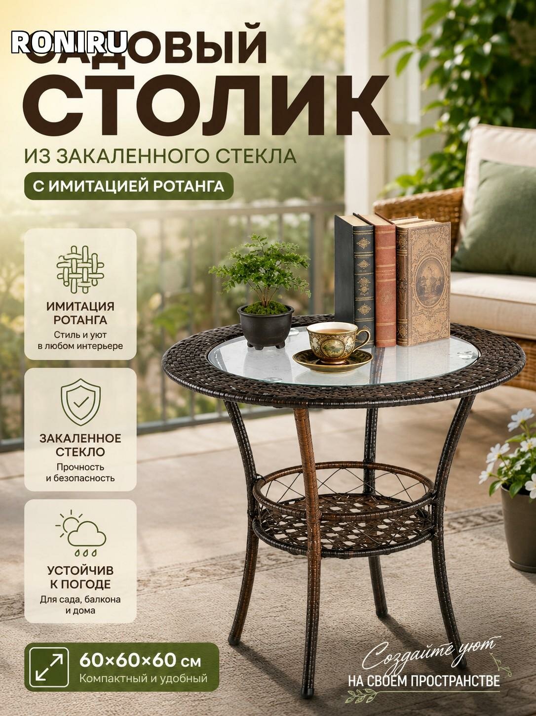 Садовый столик из закаленного стекла с имитацией ротанга, круглый 60×60×60 см для сада, балкона и гостиной
