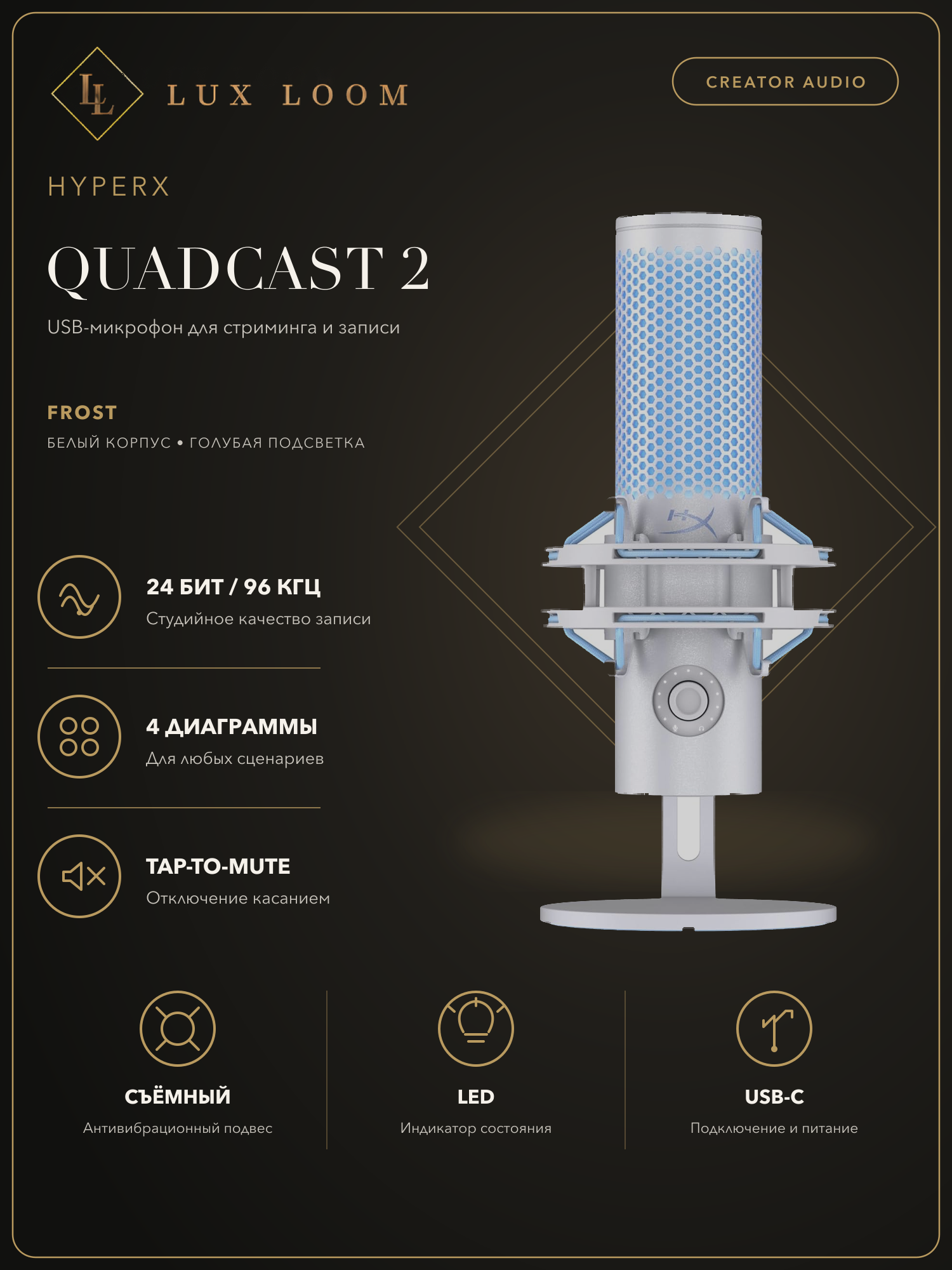 Микрофон HyperX QuadCast 2 Frost, USB, 24 бит/96 кГц, 4 диаграммы, LED-подсветка, белый