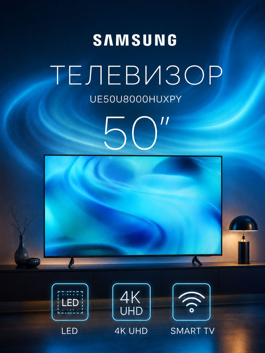 Телевизор Samsung UE50U8000HUXPY, диагональ 50", разрешение 3840x2160, HDR, Smart TV