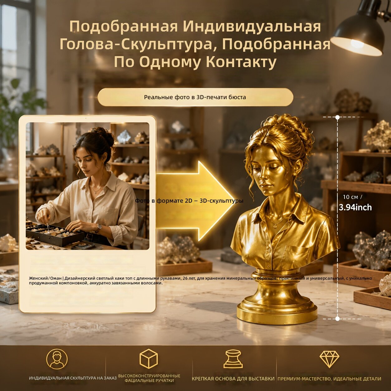 Улучшенная минималистичная скульптура головы человека золотистого цвета на заказ, с гладкой поверхностью для покраски, легкая и прочная, устойчивая к царапинам и износу.