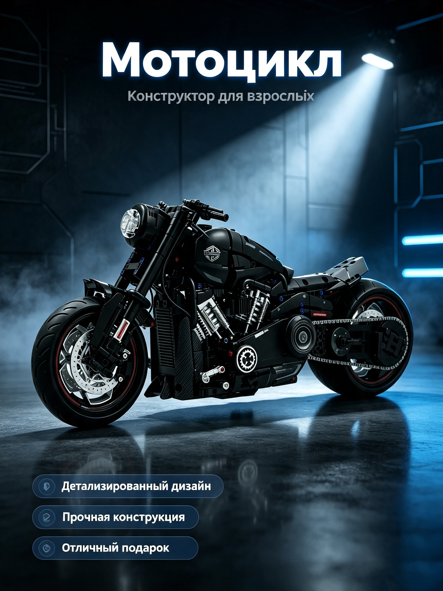 Конструктор мотоцикл 60521, масштаб 1:5, 2260 деталей, статическая модель с подсветкой, матовый чёрный