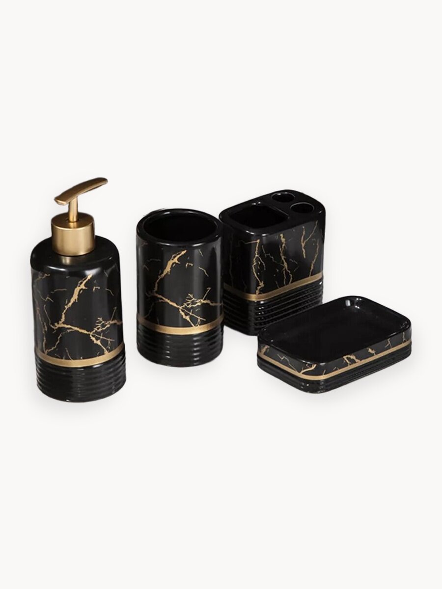 Набор аксессуаров для ванной "PRIMBERY", керамика, черно-золотистые, 4 предмета