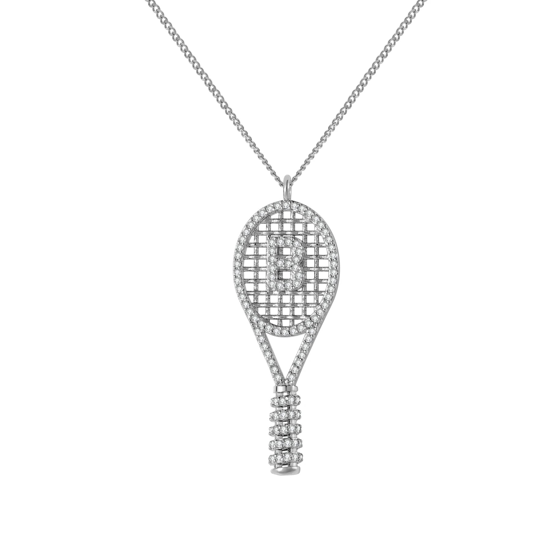 Кулон Qitian теннисная ракетка с цирконами из нержавеющей стали V, Silver