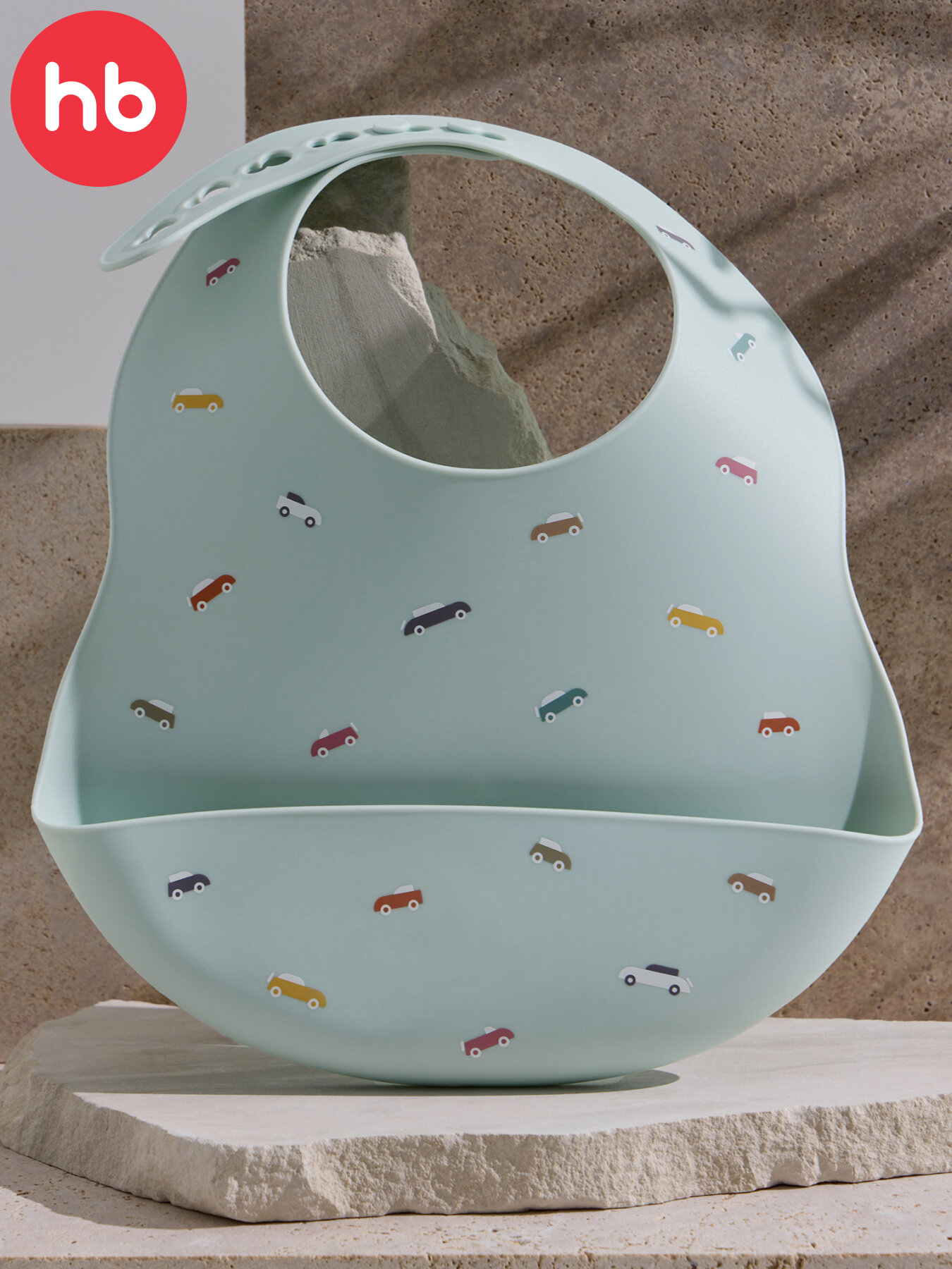 16017, Нагрудник для кормления Happy Baby, нагрудник силиконовый с кармашком, слюнявчик мягкий, голубой с машинками