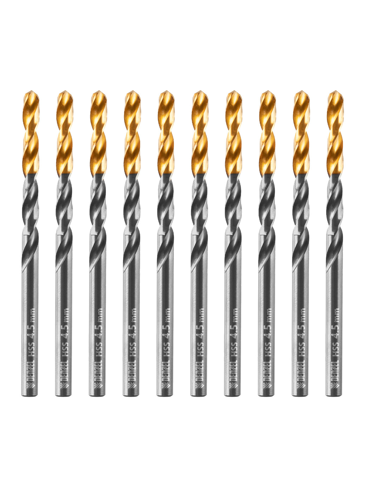 Сверло по металлу Denzel Golden Tip, 4.5 мм, 10 шт, цил. хвостовик, сталь HSS-Tin, пониженный коэффициент трения, 717211