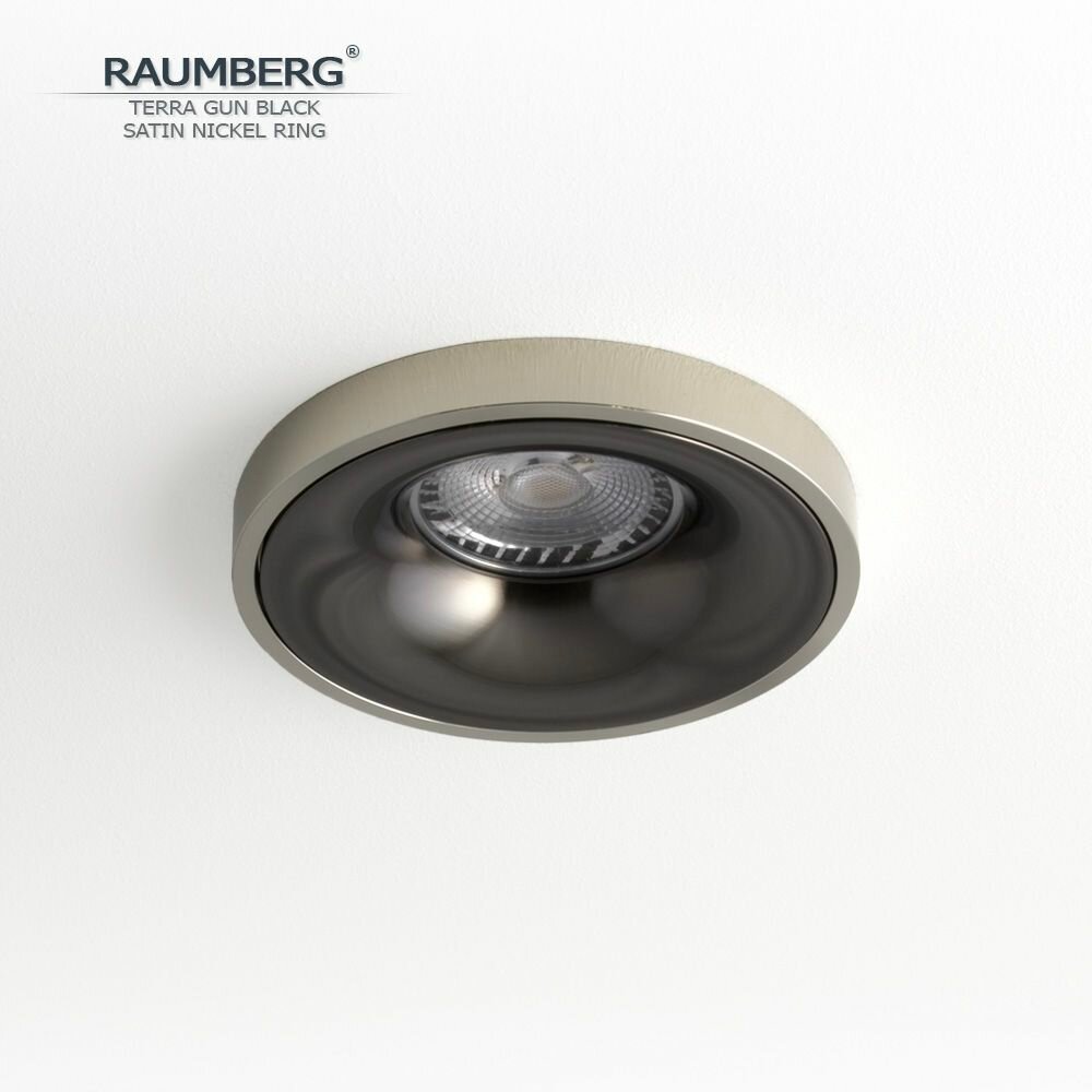 Встраиваемый неповоротный светильник RAUMBERG TERRA Gun Black Satin Nickel, цвет- Gun Black с внешним кольцом цвета сатин-никель, под светодиодную лампу GU10