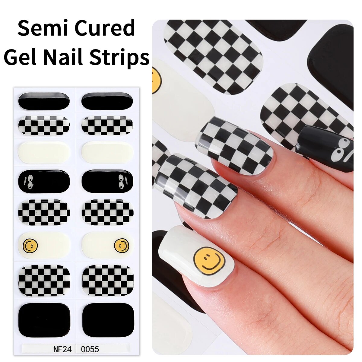 16Tips полуотвержденные гелевые полоски для ногтей, черно-белые клетчатые гелевые наклейки для ногтей «сделай сам», полное покрытие, УФ-обертывания для ногтей для женщин, наклейка для лака для ногтей