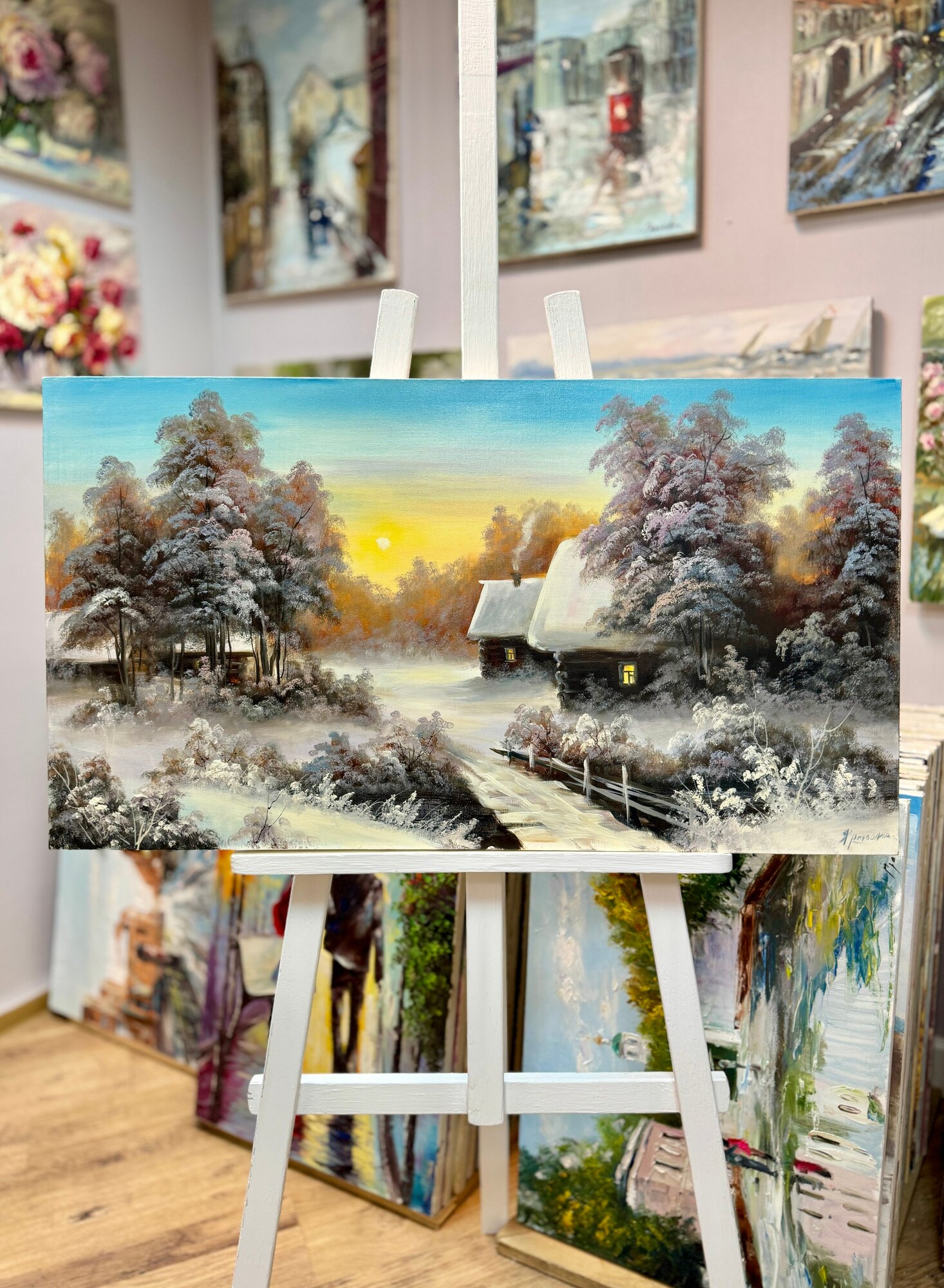 Картина маслом Зимний пейзаж с домиками. Утром в лесу 90x50 см. Художественная мастерская Грёзы.
