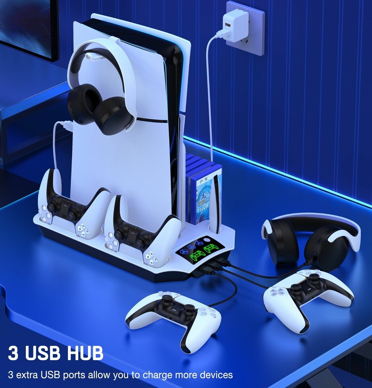 Вертикальная подставка c охлаждением и зарядкой 2 геймпадов Dualsense для Sony Playstation 5 PS5 Fat / Slim и PS5 Pro