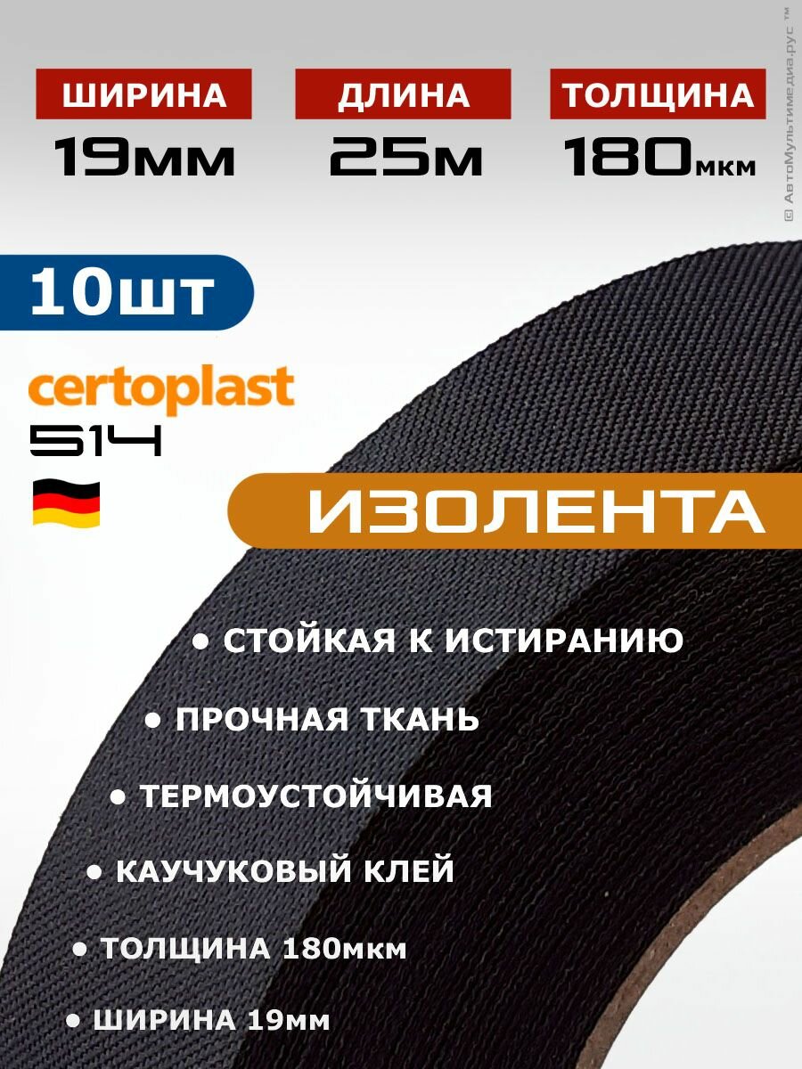 Лавсановая изолента Certoplast 514 * 10шт по 25 метров, 19мм, прочная ткань