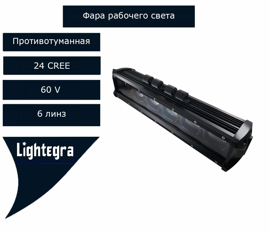 Фара рабочего света LED. Балка, противотуманная светодиодная фара 6 линз 60Вт 12-24 В, 24 CREE. 1 шт