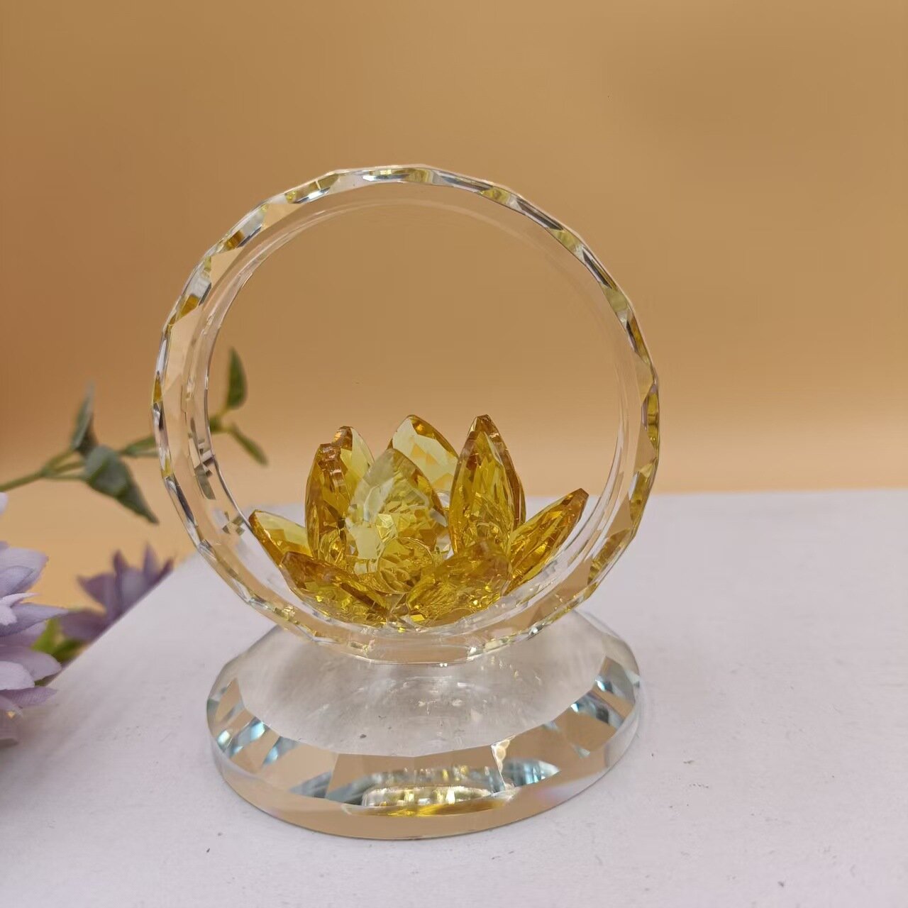 Статуэтка из розового хрустального цветка лотоса в корзине, стеклянное украшение, декоративная цветочная корзина, подарок для домашнего офиса