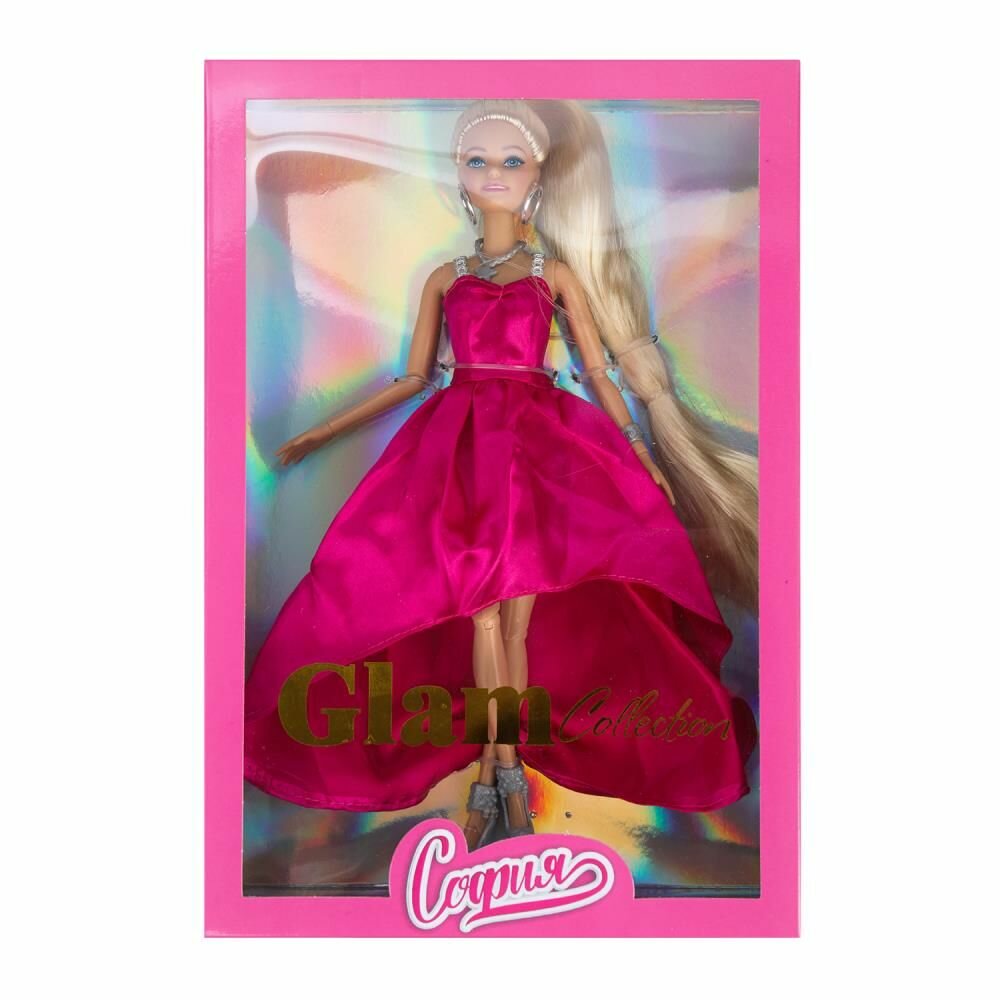 Кукла 29см София, одета в роскошное тёмно-розовое платье с пышной юбкой.